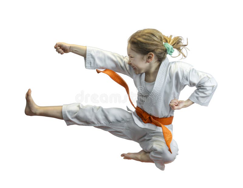 Young Girl Practicing Karate Kick Stock Image - Image of white, high ...