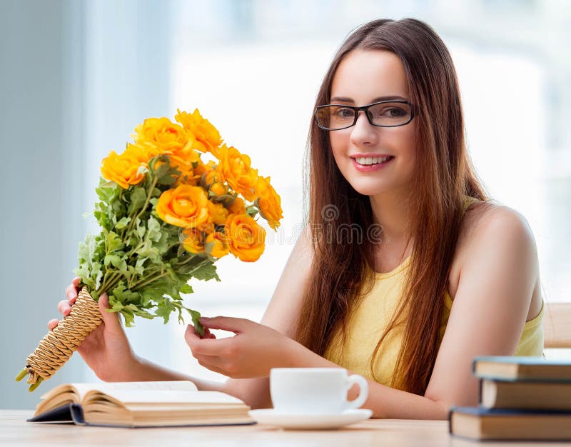 Young Girl with Present of Flowers Stock Image - Image of relax, love ...
