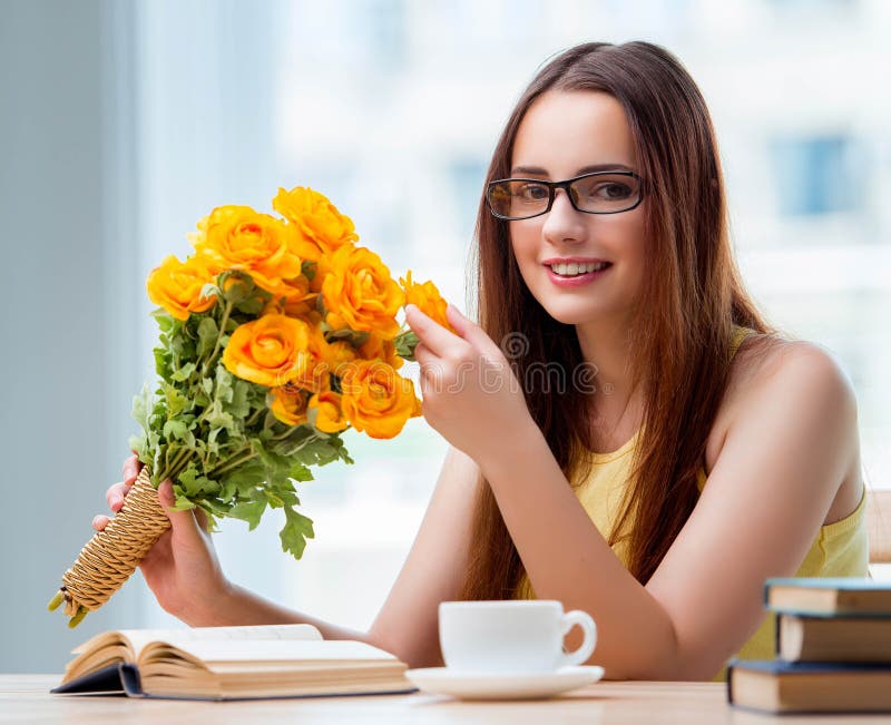 Young Girl with Present of Flowers Stock Photo - Image of leisure, love ...