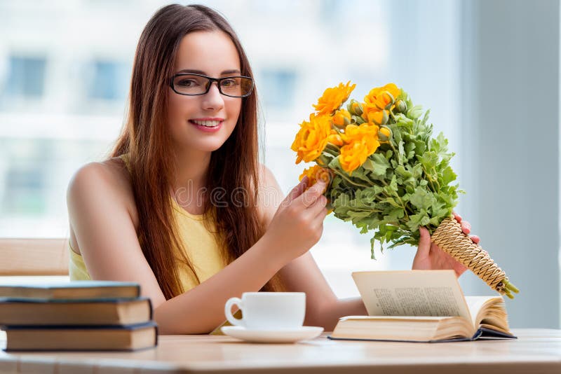 The Young Girl with Present of Flowers Stock Photo - Image of love ...