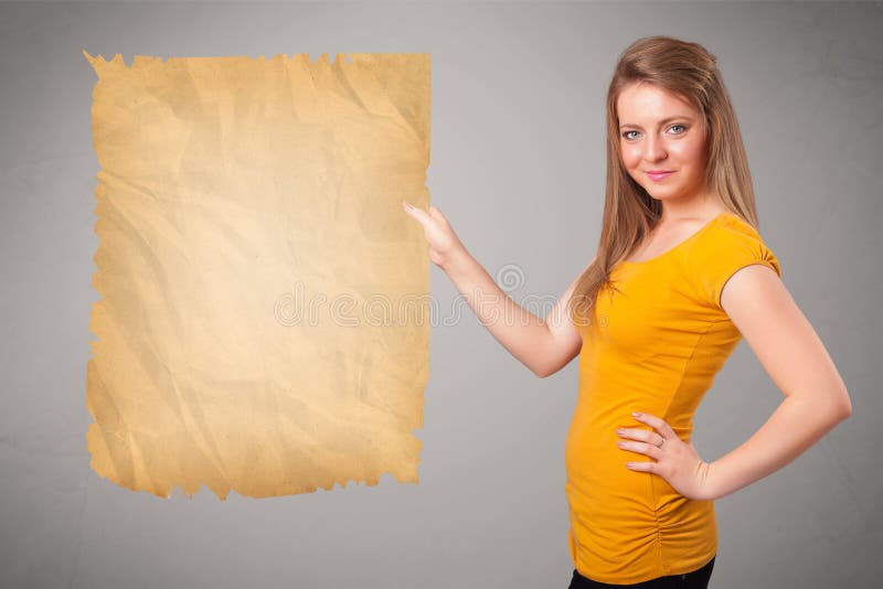 Young Girl Presenting Old Paper Copy Space Stock Image - Image of ...