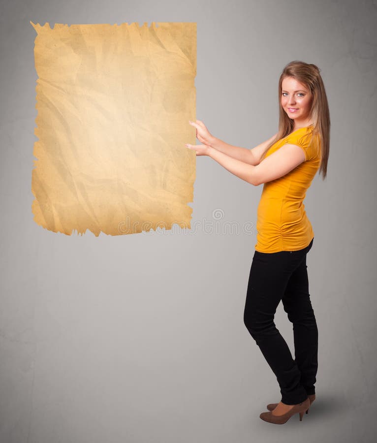 Young Girl Presenting Old Paper Copy Space Stock Photo - Image of dirty ...