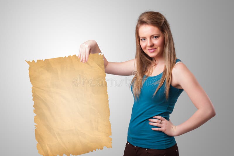 Young Girl Presenting Old Paper Copy Space Stock Image - Image of page ...
