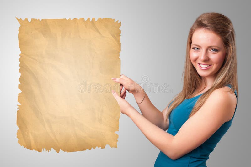 Young Girl Presenting Old Paper Copy Space Stock Photo - Image of ...