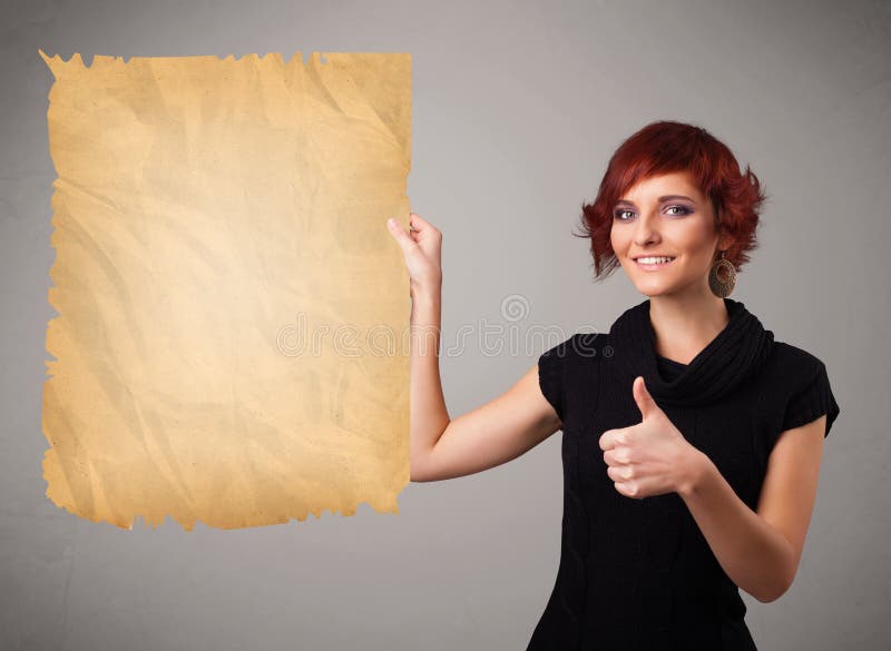 Young Girl Presenting Old Paper Copy Space Stock Image - Image of girl ...