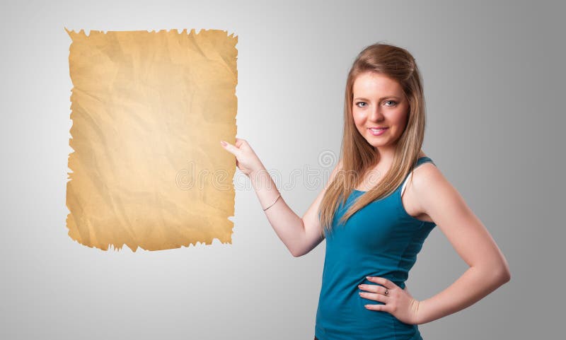 Young Girl Presenting Old Paper Copy Space Stock Image - Image of copy ...
