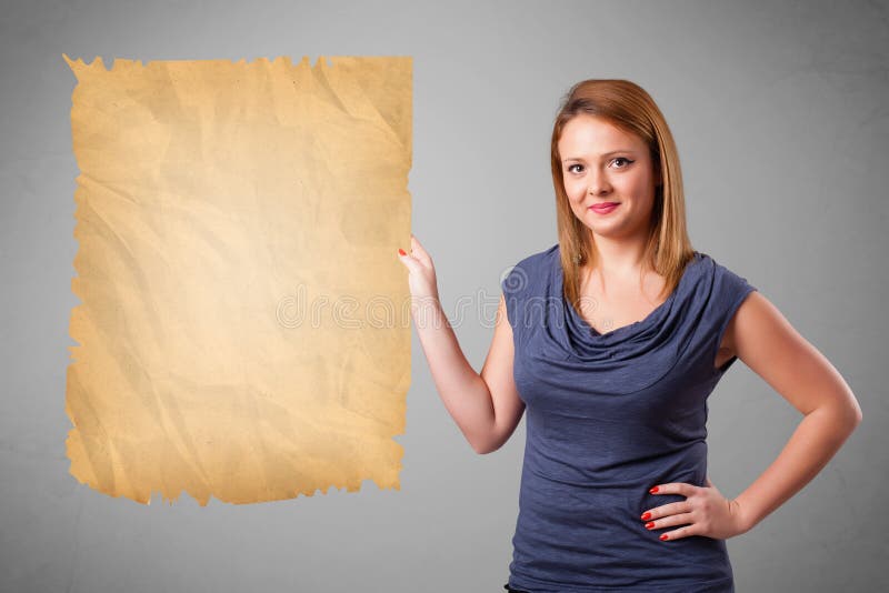Young Girl Presenting Old Paper Copy Space Stock Image - Image of ...