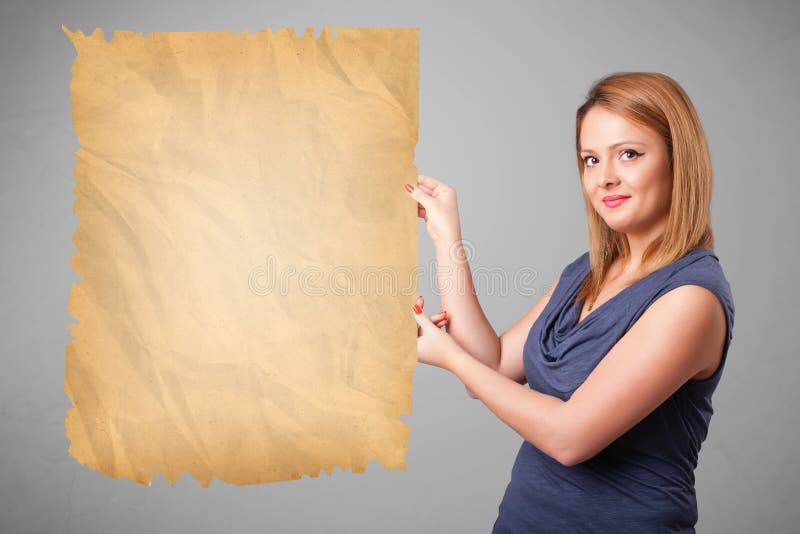 Young Girl Presenting Old Paper Copy Space Stock Image - Image of copy ...