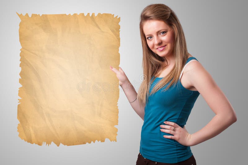 Young Girl Presenting Old Paper Copy Space Stock Image - Image of ...