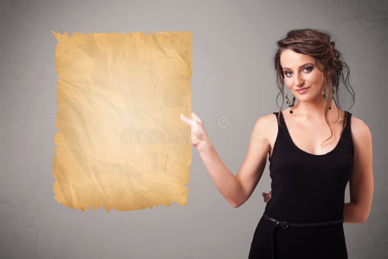 Young Girl Presenting Old Paper Copy Space Stock Photo - Image of ...