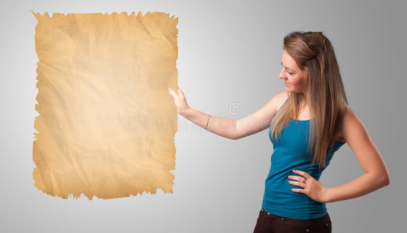 Young Girl Presenting Old Paper Copy Space Stock Image - Image of girl ...