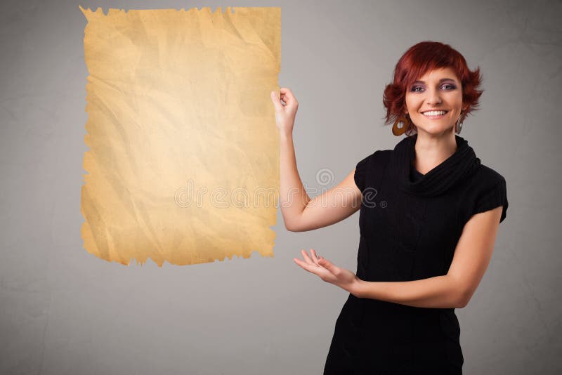 Young Girl Presenting Old Paper Copy Space Stock Photo - Image of ...