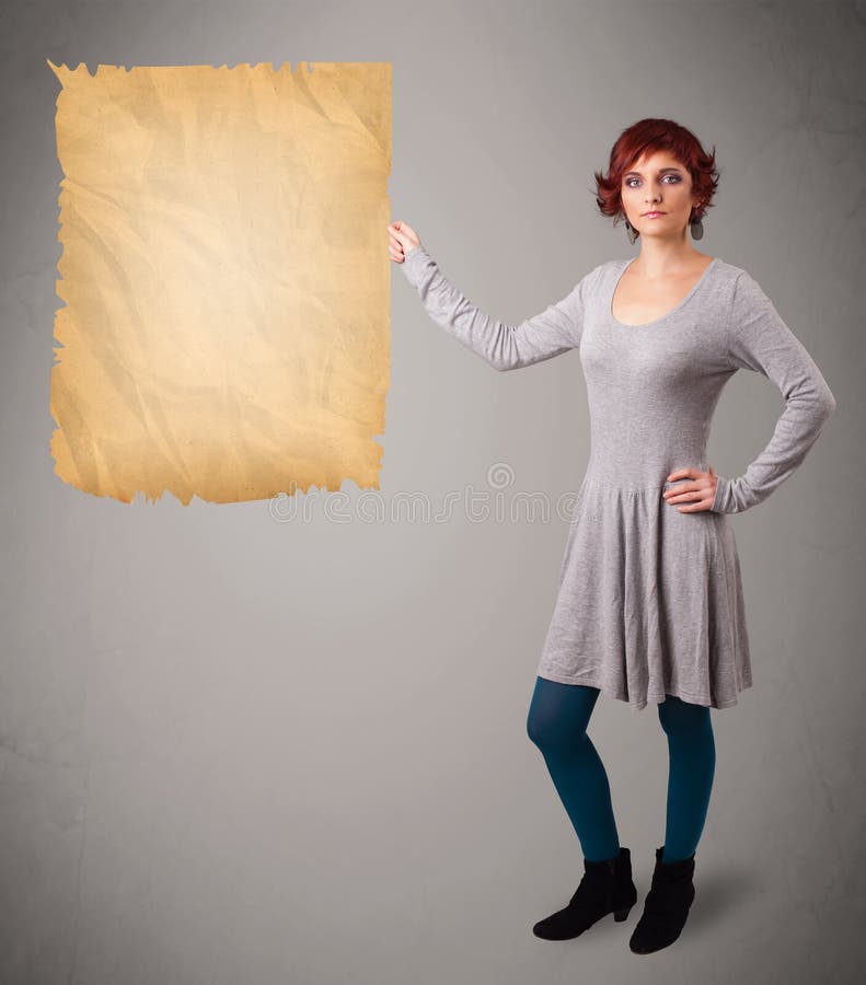 Young Girl Presenting Old Paper Copy Space Stock Photo - Image of ...