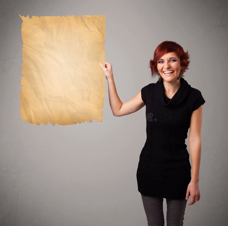 Young Girl Presenting Old Paper Copy Space Stock Image - Image of ...