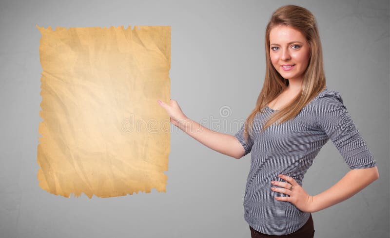 Young Girl Presenting Old Paper Copy Space Stock Image - Image of hand ...