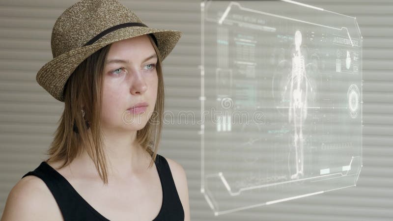 Young Girl Press on Futuristic User Interface Concept Screen. Graphical ...