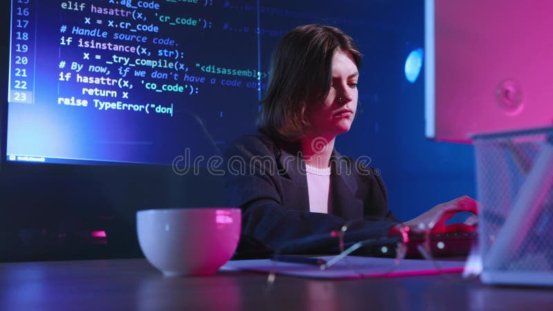 Young Girl Programmer Software Developer Working With Computer Writing Programming Code Data