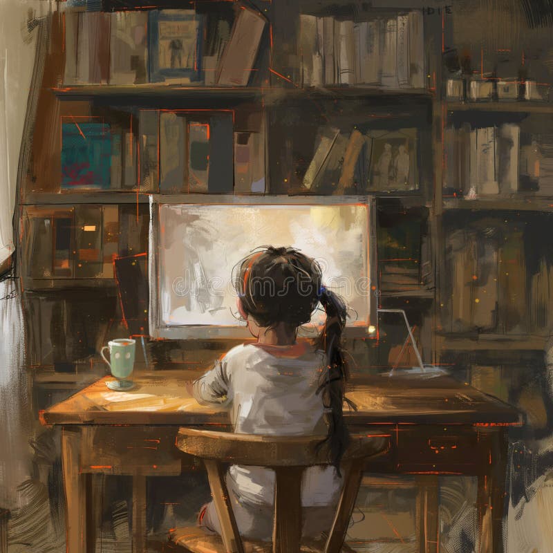 Young Girl Programming at Her Computer Back View in the Bedroom Concept ...