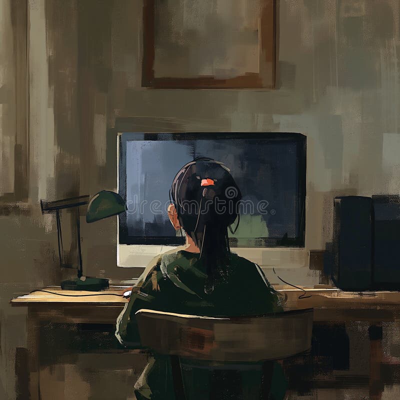 Young Girl Programming at Her Computer Back View in the Bedroom Concept ...