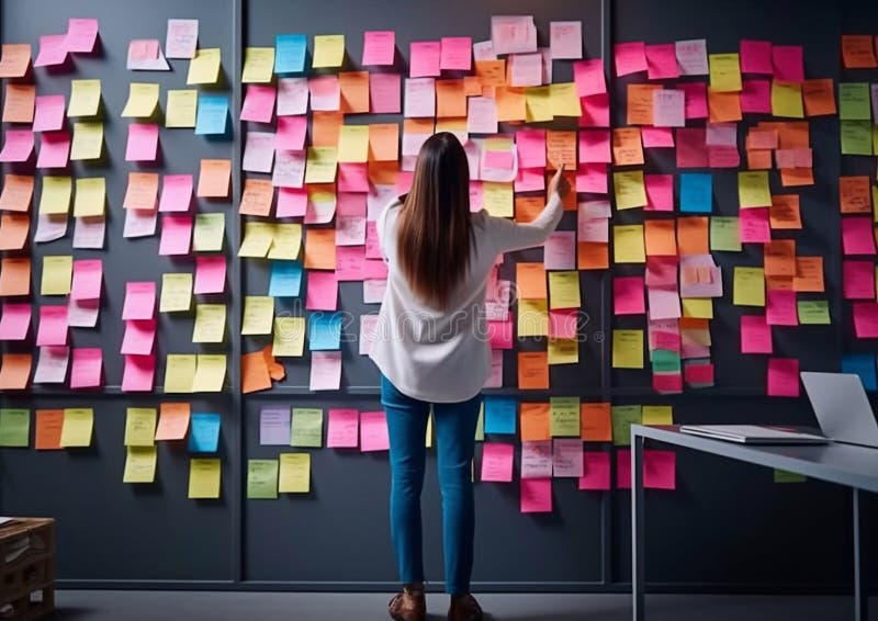 Young Girl Putting Sticky Notes on Wall and Generating New Plan or Idea ...