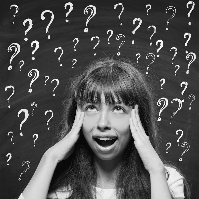 Young Girl with Questioning Expression and Question Marks Above Stock ...