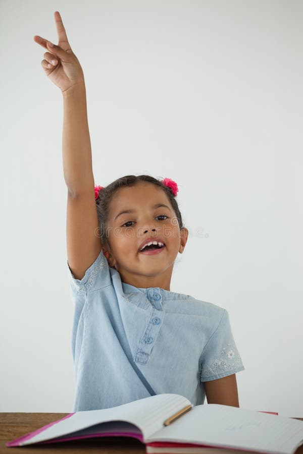 Young Girl Raising Her Hand Stock Image - Image of literature ...