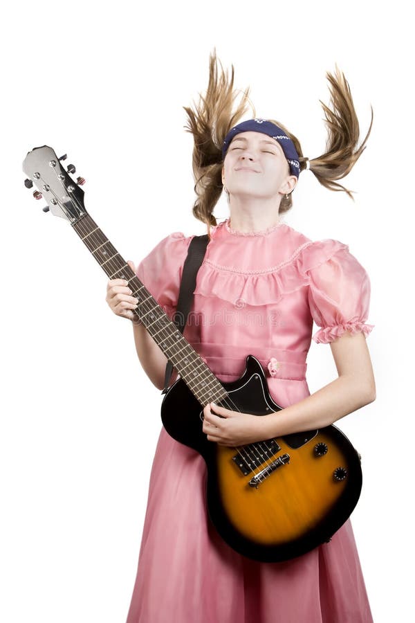 Young Girl with a Rock GuitarPlaying Headbanger Mu Stock Image - Image ...