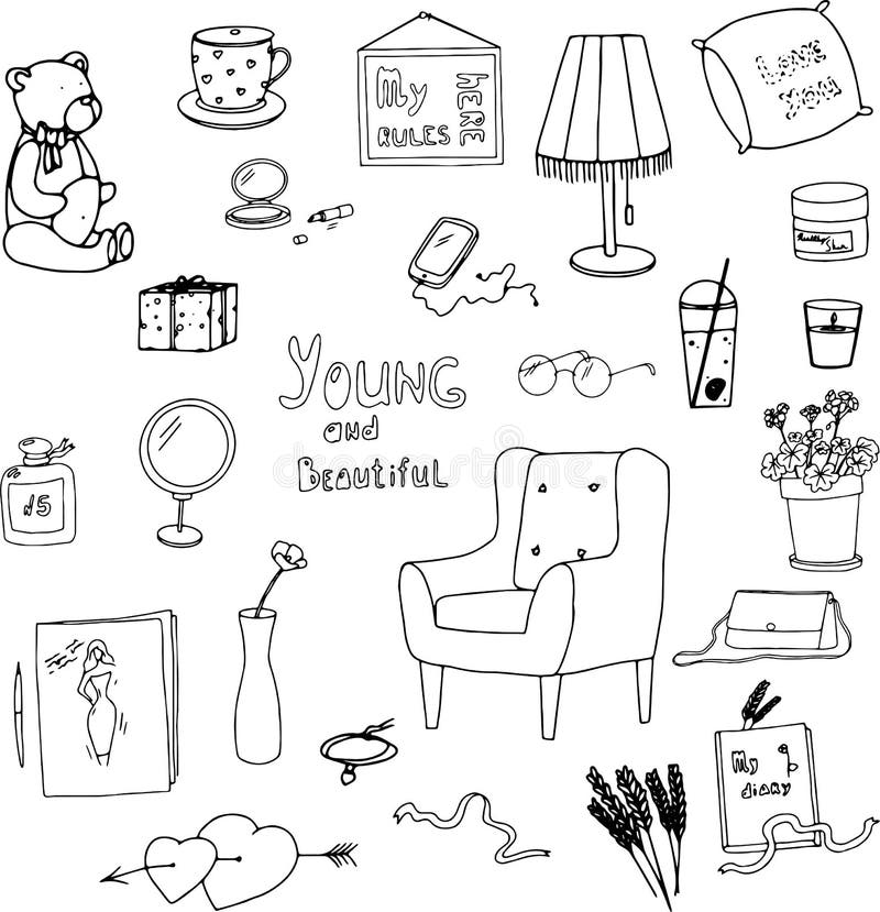 Young Girl Room Set of Objects Stock Illustration - Illustration of ...