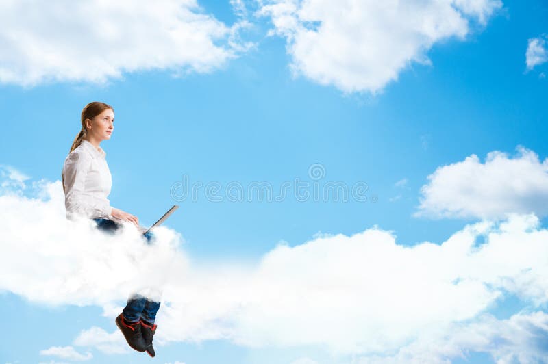 Young Girl Running in the Clouds with a Laptop Stock Image - Image of ...