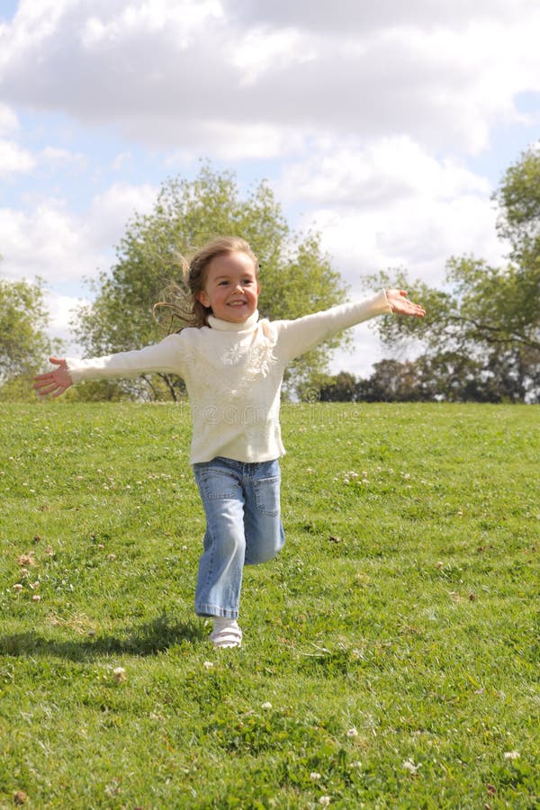 Young Girl Running with Open Arms Stock Image - Image of idyllic, game ...