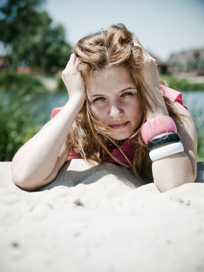 Young girl on sand stock photo. Image of rest, portrait - 10025100