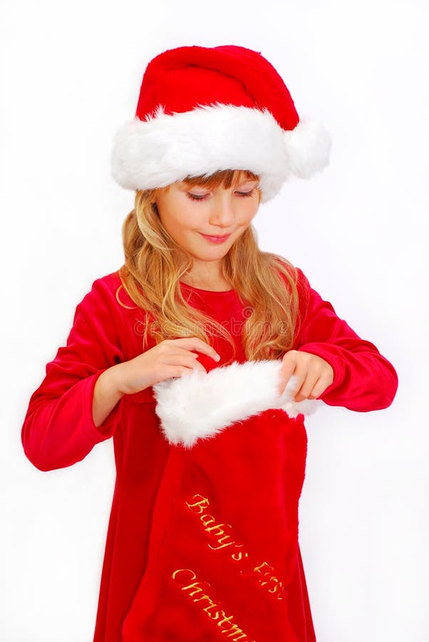 Young Girl in Santa Cloth with Christmas Sock Stock Photo - Image of ...