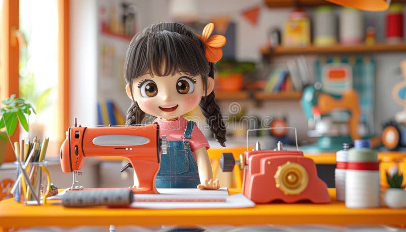 Cute Cartoon Girl Sewing Machine Stock Photos - Free & Royalty-Free ...