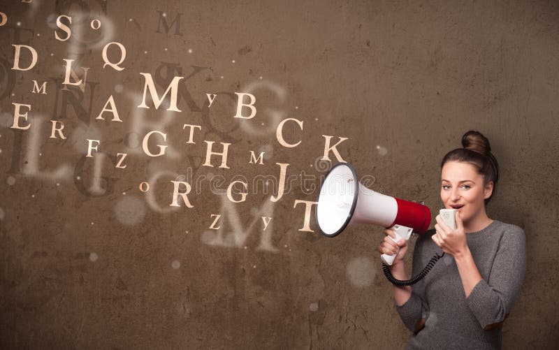 Young Girl Shouting into Megaphone and Text Come Out Stock Photo ...