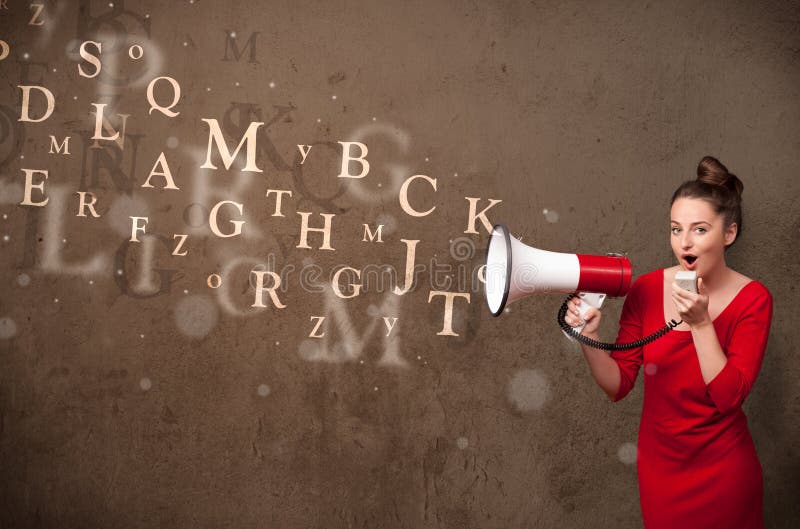 Young Girl Shouting into Megaphone and Text Come Out Stock Image ...