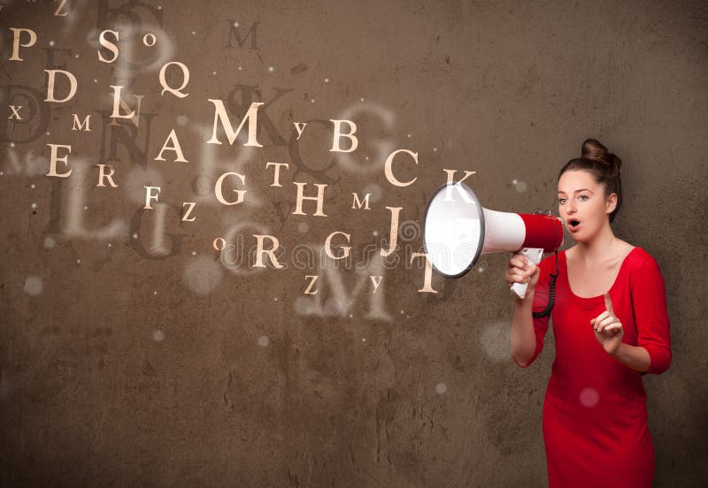Young Girl Shouting into Megaphone and Text Come Out Stock Image ...