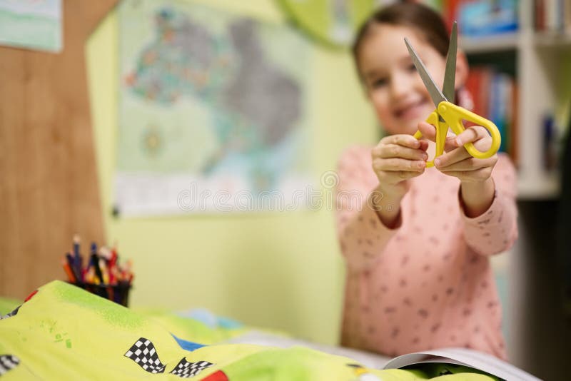 Young Girl Show Scissors in Her Room Stock Image - Image of hobby ...