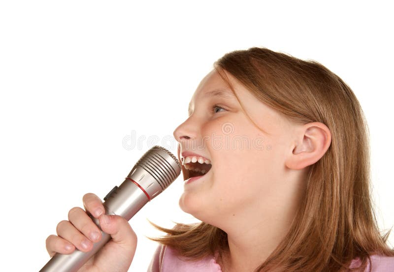 Young Girl Singing Karaoke on White Stock Photo - Image of sing ...