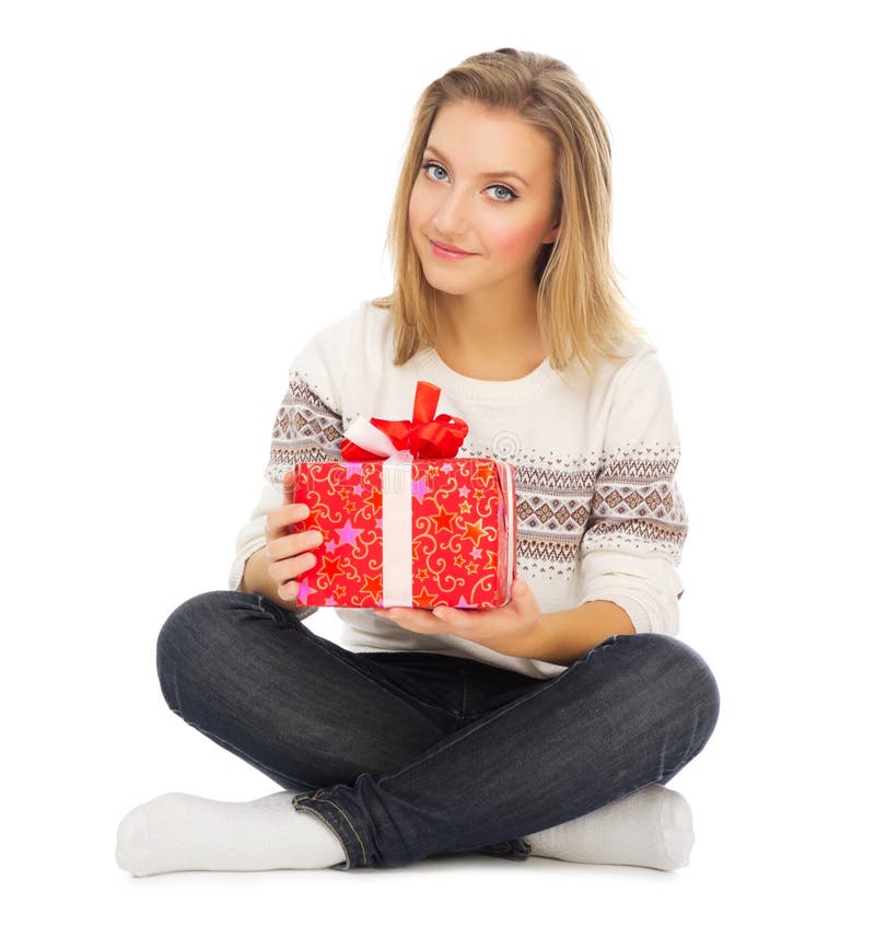 Young Girl Sit on the Floor with Gift Box Stock Image - Image of ...