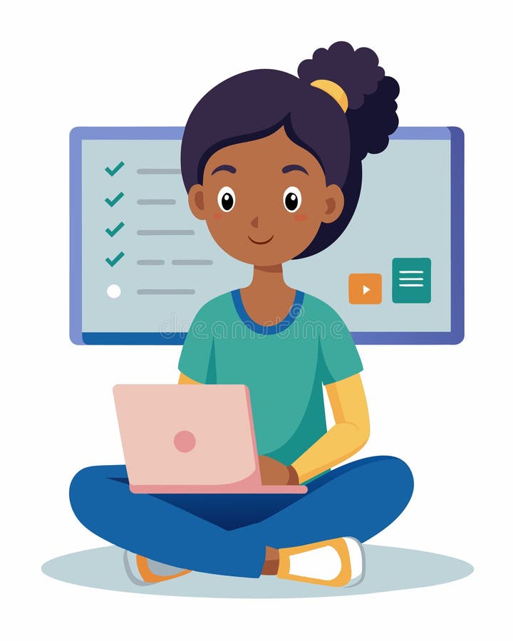 A Young Girl Sits Crosslegged on the Floor in Front of the Smart Board ...