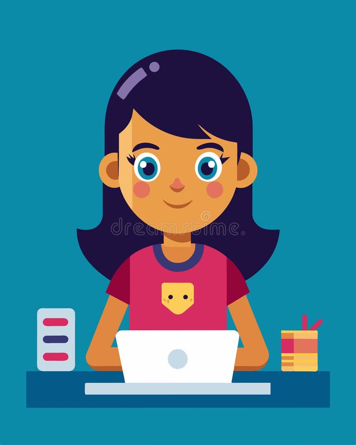 A Young Girl Sits in Front of Her Computer a Look of Determination on ...