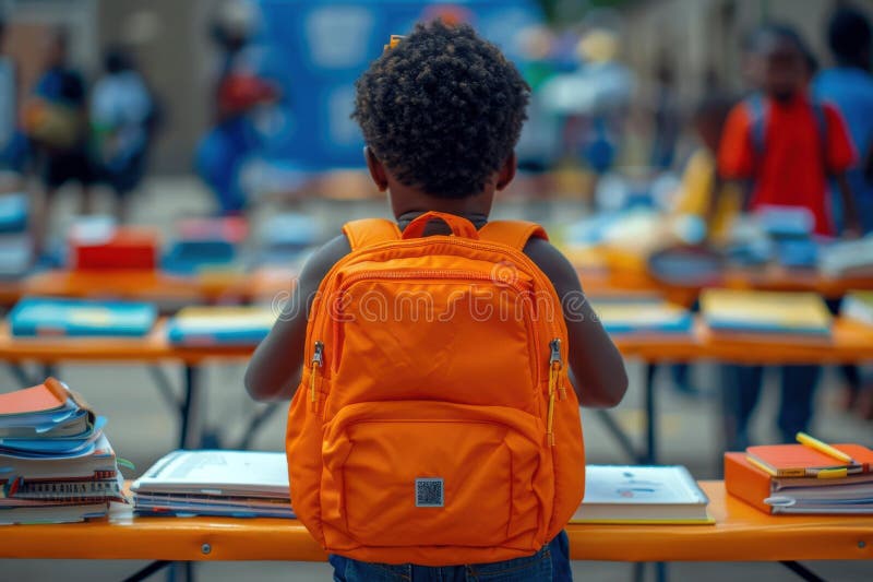 A Young Girl Sits at a Table with a Backpack on Her Lap Stock ...