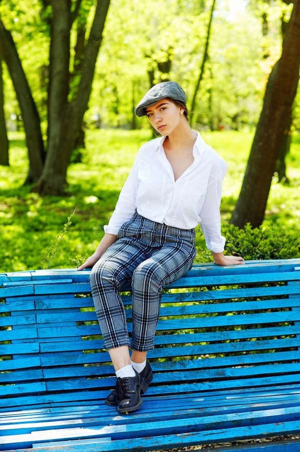 Young Girl Sitting on Bench in Summer Park Stock Image - Image of ...