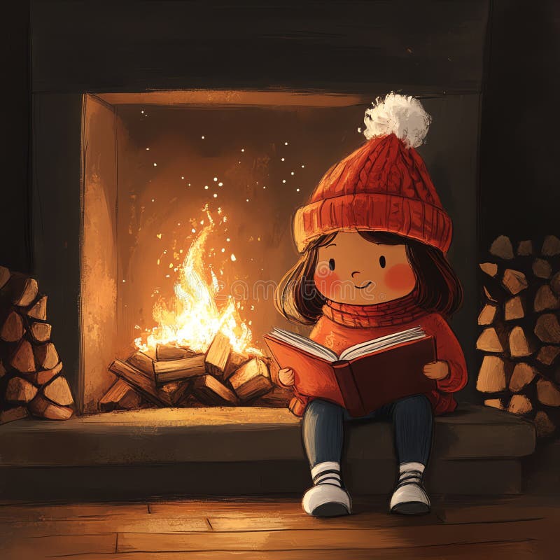 Young Girl Sitting by the Fire Reading a Book Stock Illustration ...