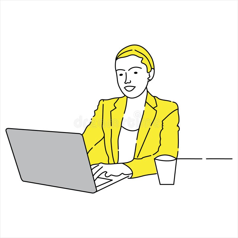 A Young Girl Sitting and Focus on Her Laptop. Line Art Illustration ...