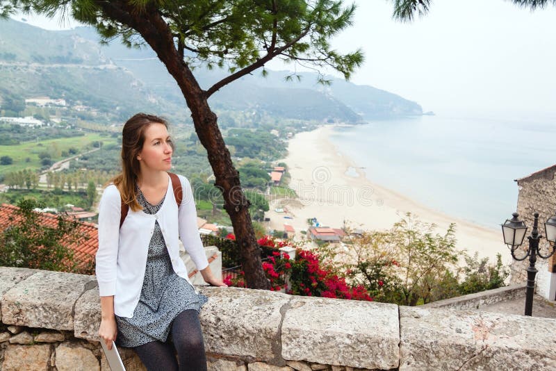 Young Girl Sitting in Front of Panoramic View of Sperlonga Stock Image ...