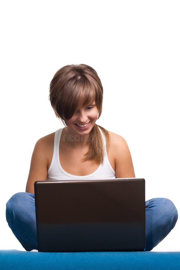 Smiling Girl Working on Laptop Stock Image - Image of background, lady ...