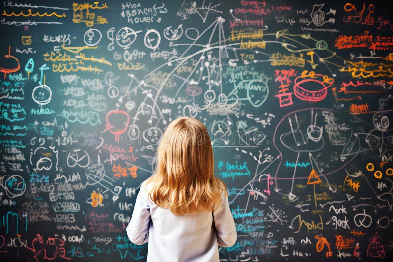 Young Girl Solving Complex Math Problems on a Chalkboard, Smart Kid in ...