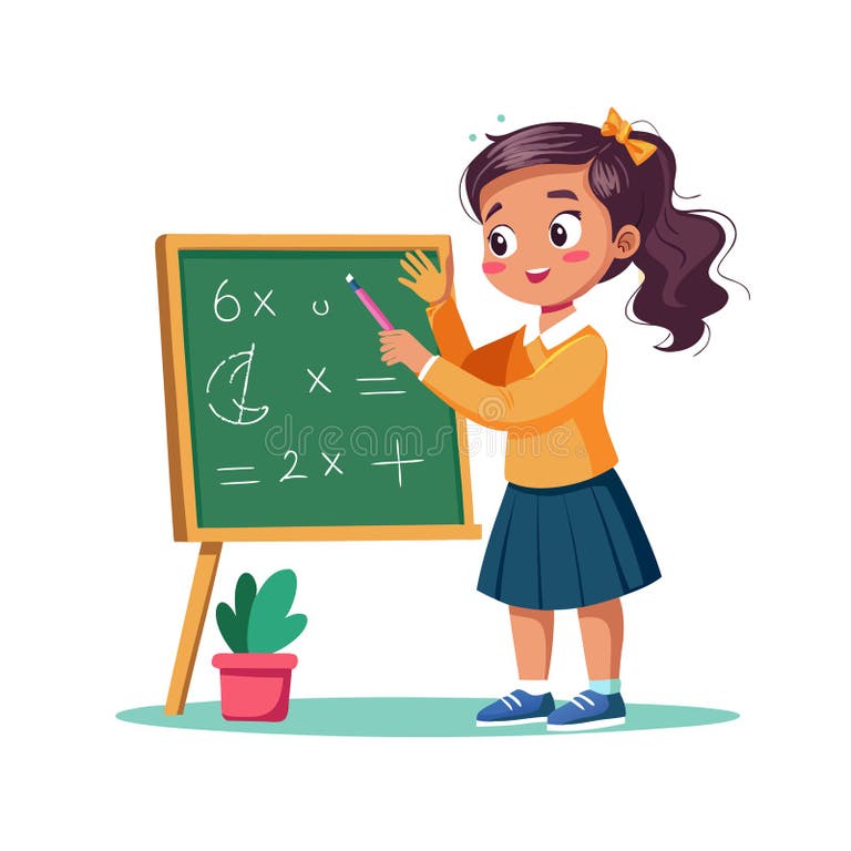 Young Girl Solving Math Problem on Chalkboard in Class, Cartoon ...