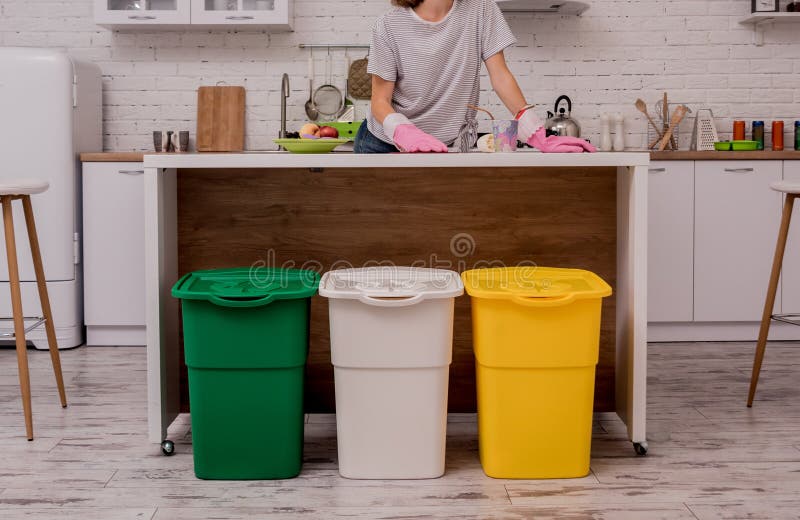 Young Girl Sorting Garbage at the Kitchen. Concept of Recycling Stock ...